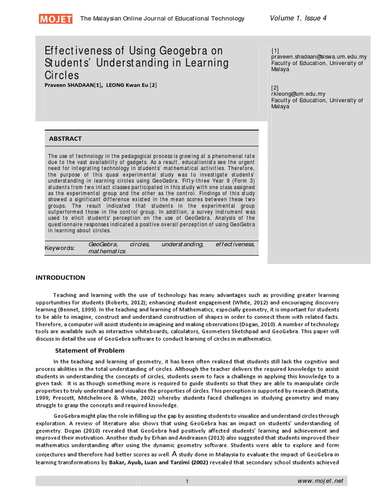 Effectiveness of Using GeoGebra On Students Understanding in Learning Circles | PDF ...