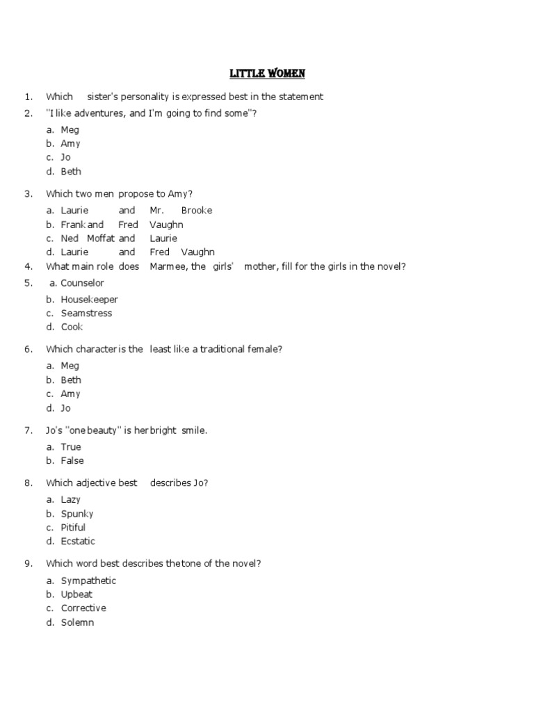 Little Women Quiz Reading Comprehension Exercises 68936