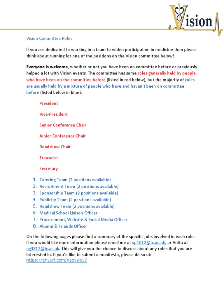Vision Committee Roles | PDF | Sponsor (Commercial) | Secretary