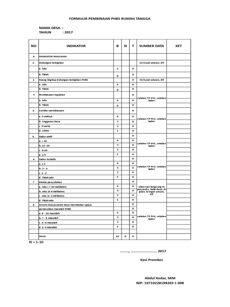 Form Penilaian Phbs Ringkas | PDF