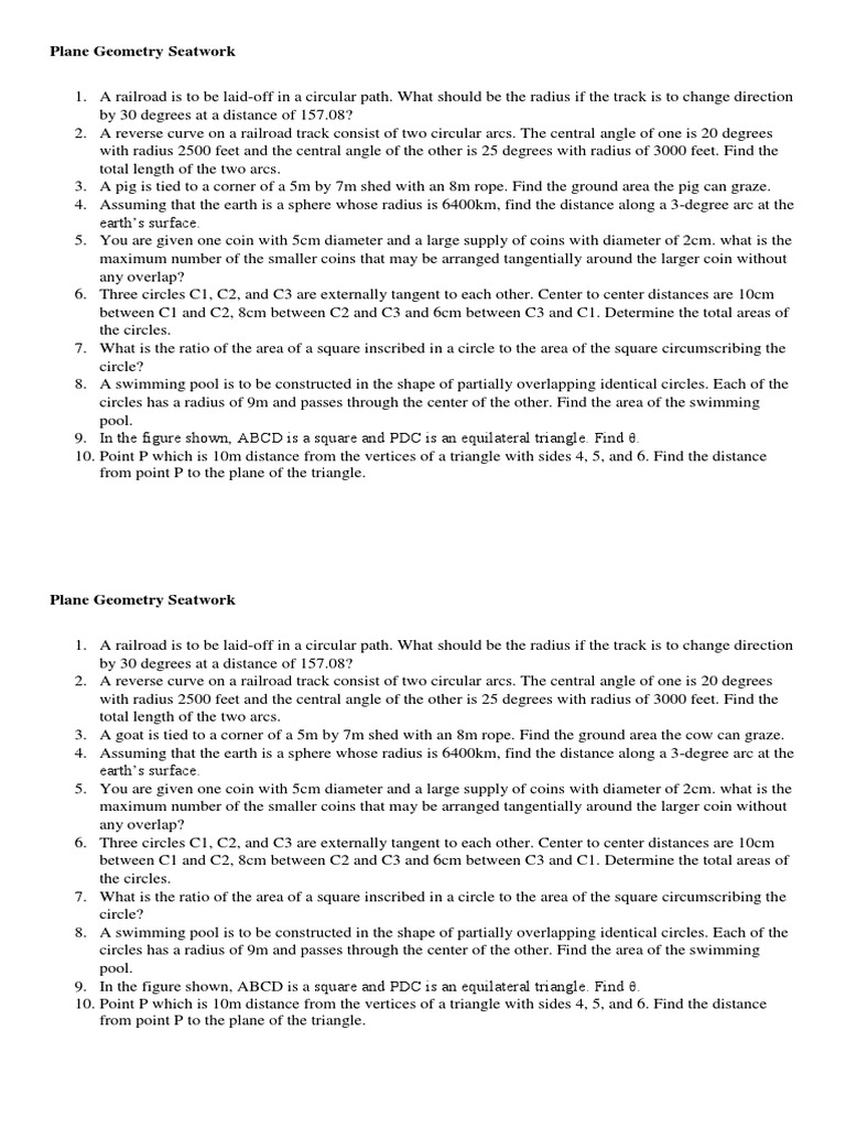 Plane Geometry Seatwork | PDF | Circle | Area