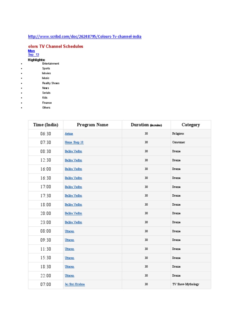 Colours TV Channel Schedules and Programs | PDF | Bollywood | Leisure