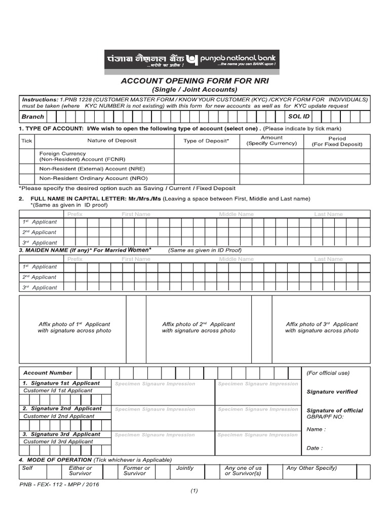 PNB 112 Account Opennig Form For Nri | PDF | Banks | Payments