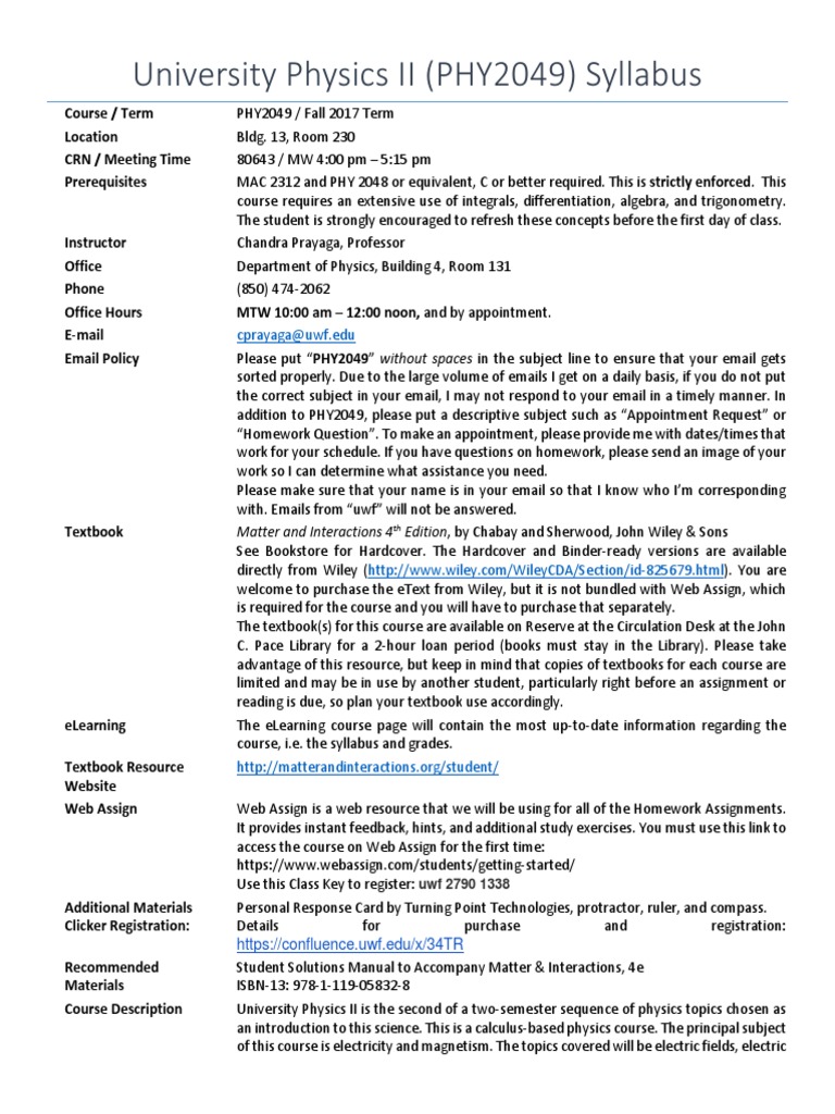 PHY2049 Syllabus Prayaga Spring2017 | PDF | Educational Technology | Homework