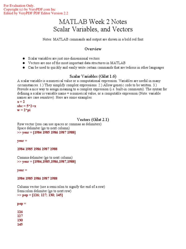 Matlab Week 2 Notes Scalar Variables And Vectors X 2 Abc 5 2 X W 2 Pi Pdf Matlab