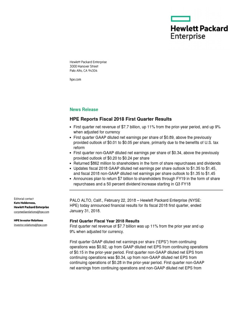HPE Reports Fiscal 2018 First Quarter Results: News Release | PDF ...