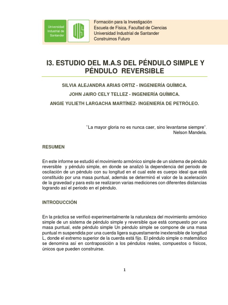 INFORME I3 ESTUDIO M.a.S. en Pendulo Simple y Reversible. | Descargar gratis PDF | Péndulo ...