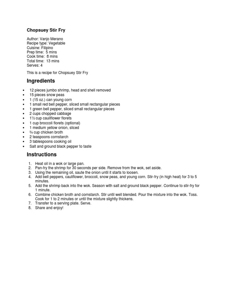 Ingredients: Chopsuey Stir Fry | PDF | Wellness