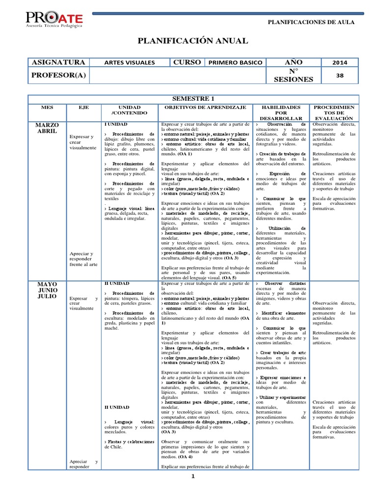 Artes Visuales Planificacion - 1 Basico