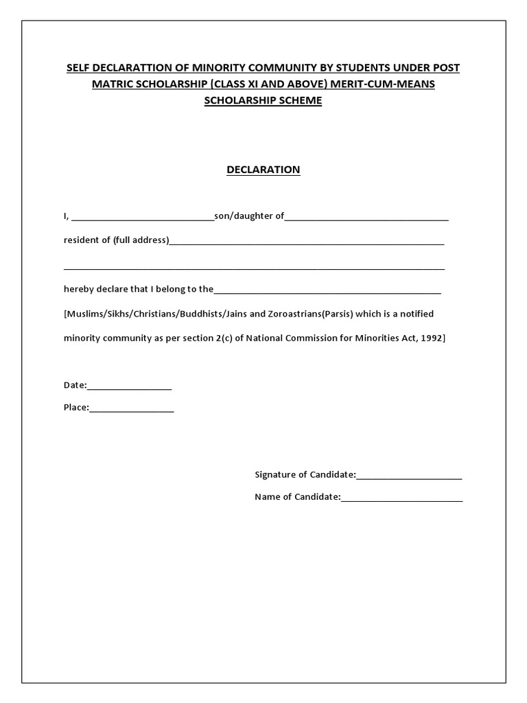Self Declaration of Minority Community by Students Under Post Matric Scholarship | PDF | Career ...