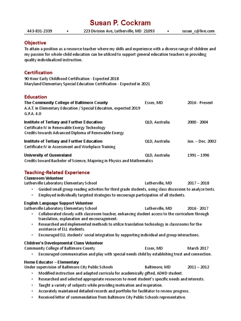 Susan Cockram Resume Final | PDF | Special Education | Primary Education