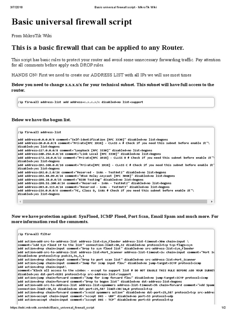 Basic Universal Firewall Script - MikroTik Wiki PDF | PDF | Data ...