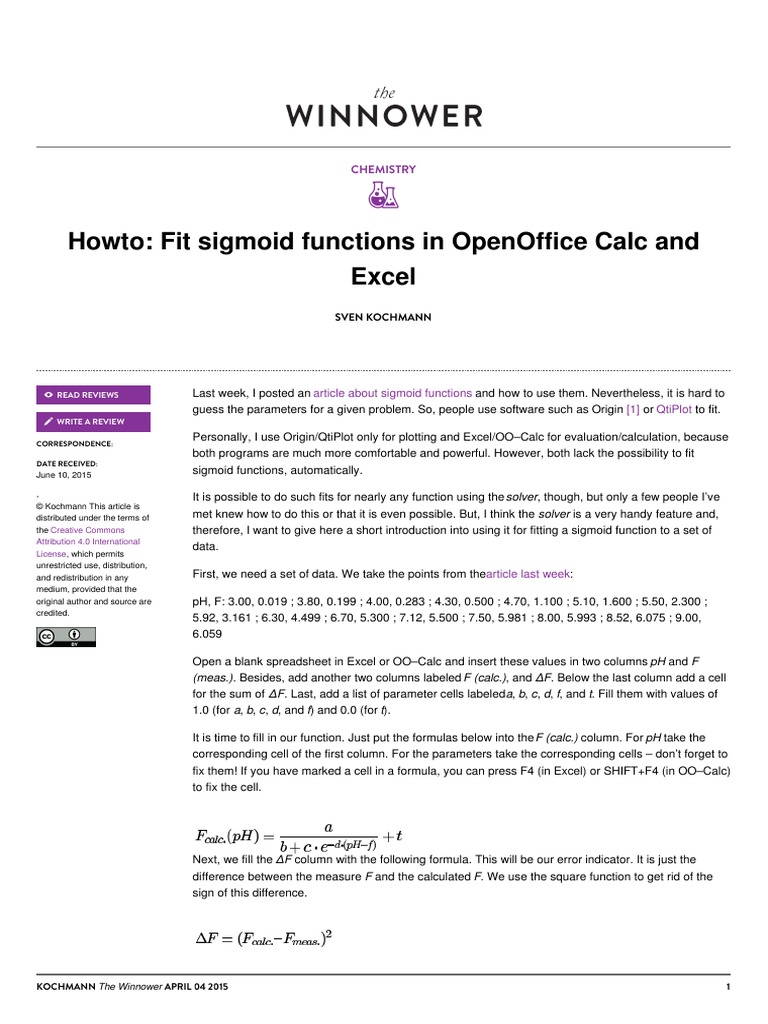 How To Fit Sigmoid Functions in Openoffice Calc and Excel | PDF ...