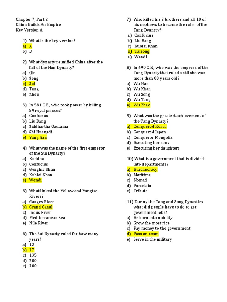 Chinese Dynasties Quiz | PDF | Tang Dynasty | Imperial China