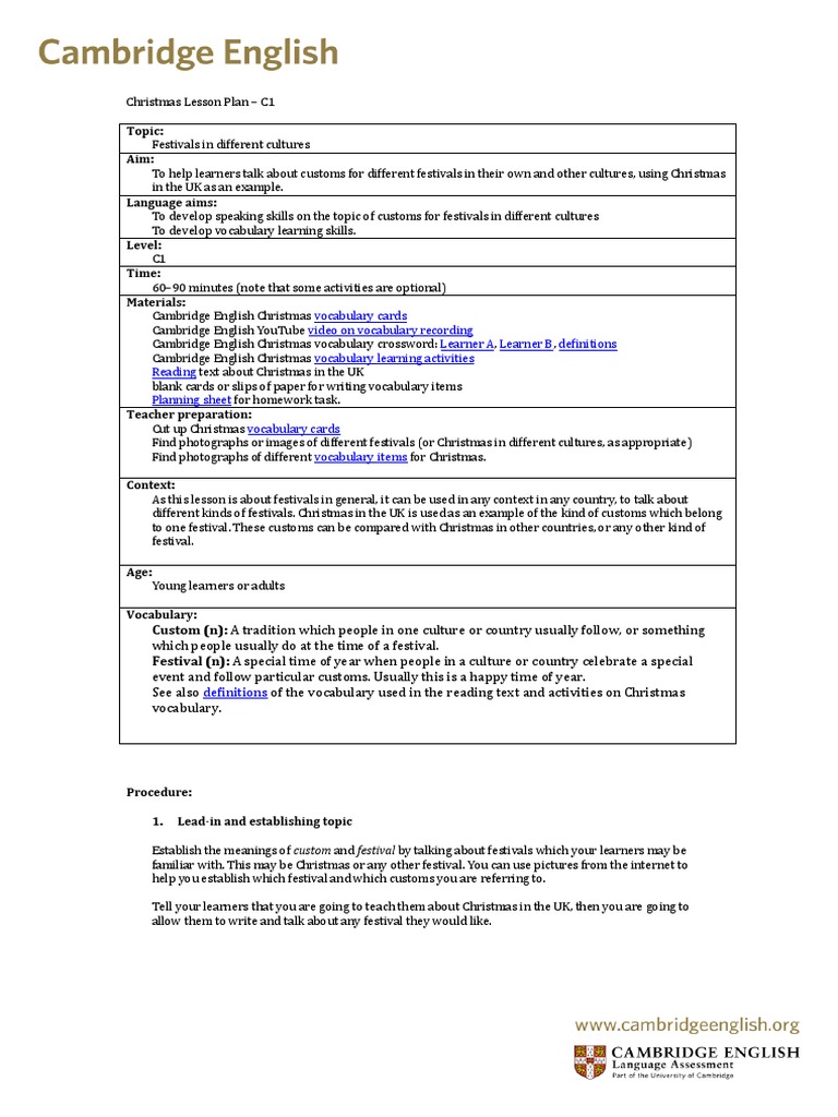 Festivals Lesson Plan c1 Document PDF | PDF | Christmas | Vocabulary