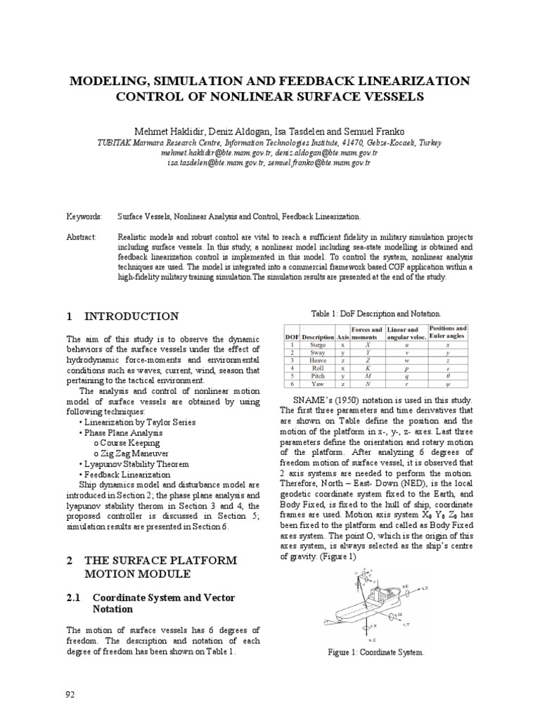 Modeling, Simulation and Feedback Linearization Control of Nonlinear Surface Vessels | PDF ...