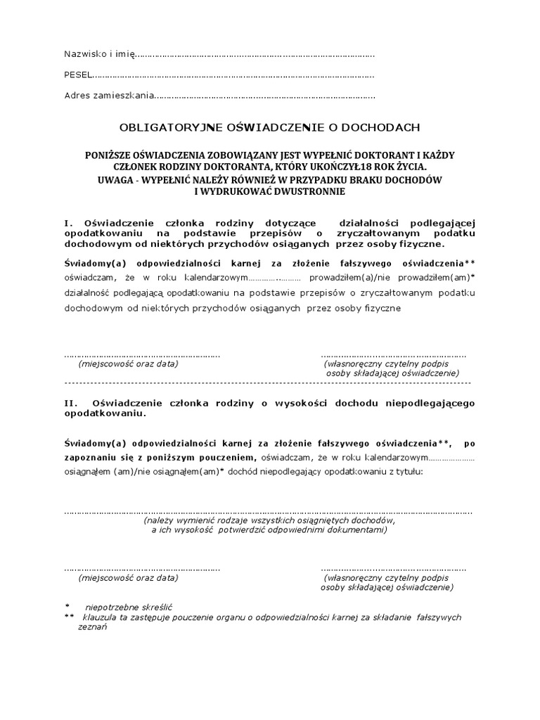 Obligatoryjne Oświadczenie o Dochodach D 1 | PDF
