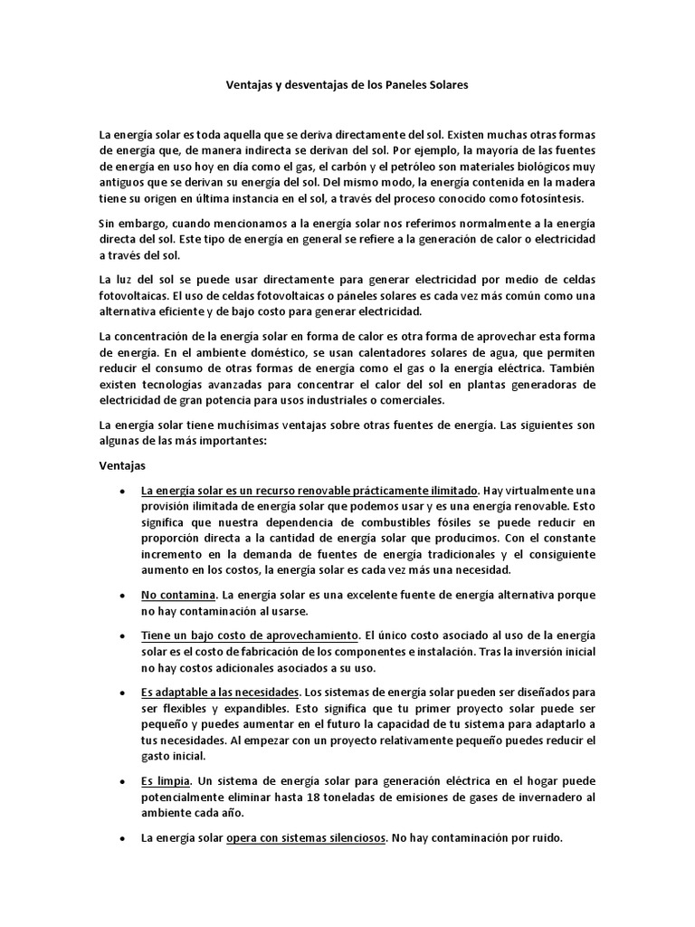 Ventajas y Desventajas de Los Paneles Solares | PDF | Energía solar ...