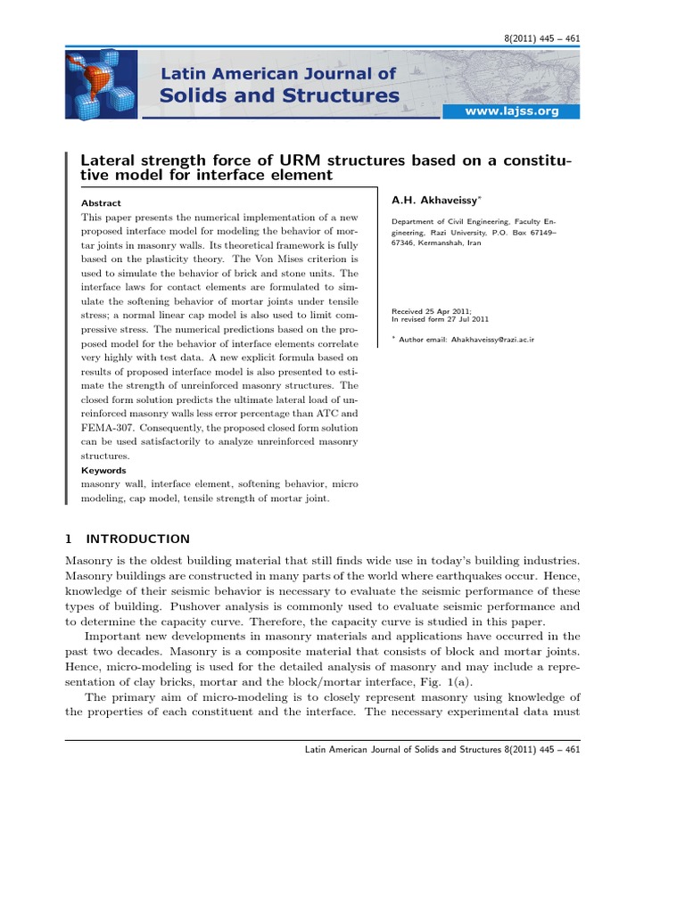 Lateral Strength Force of URM Structures Based On A Constitutive Model ...