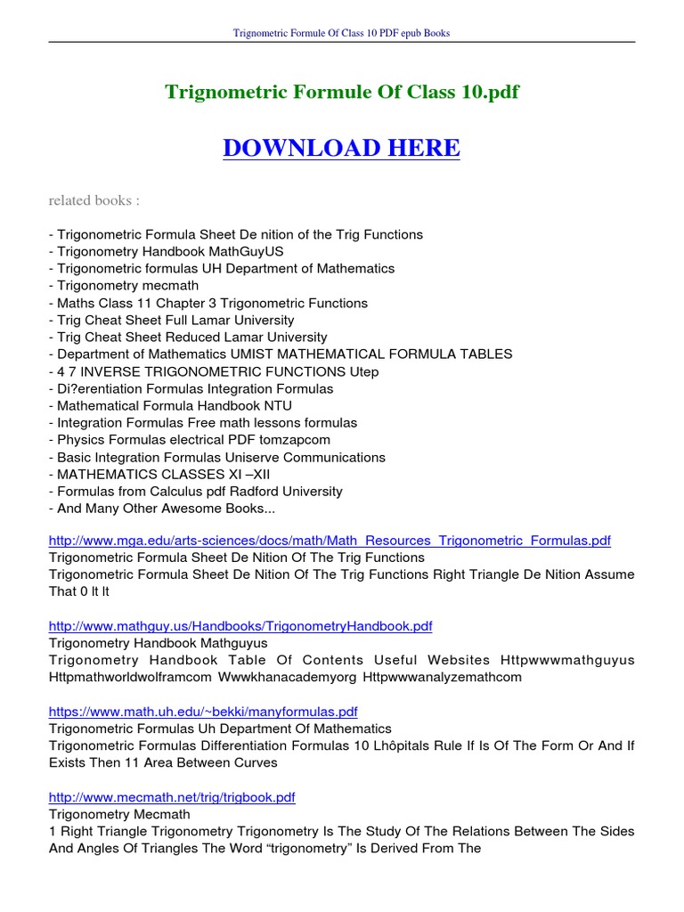Trignometric Formule of Class 10 | PDF | Trigonometric Functions ...