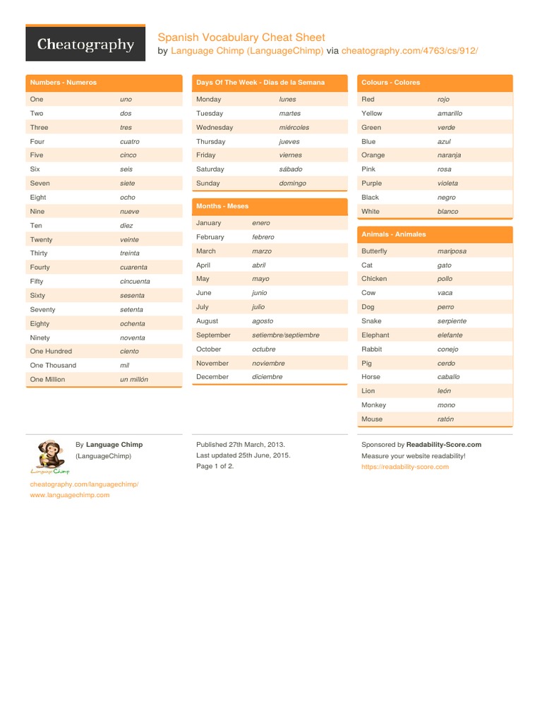 Spanish Vocabulary Cheat Sheet | PDF | Food And Drink | Foods