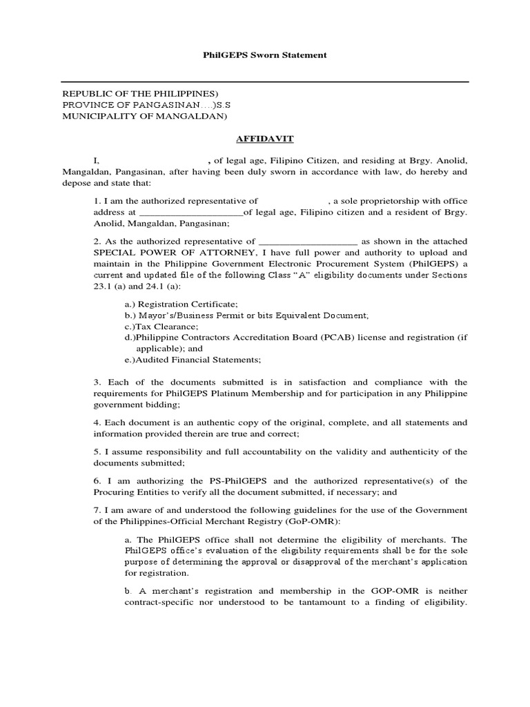 PhilGEPS Sworn Statement | Government Information | Government