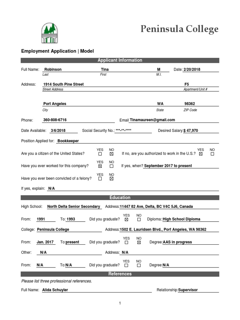 Tina Robinson Employment Application Model | PDF | Behavior ...