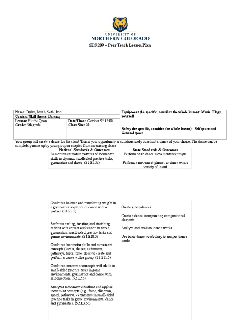 SES 209 - Peer Teach Lesson Plan | PDF | Dances | Cognition