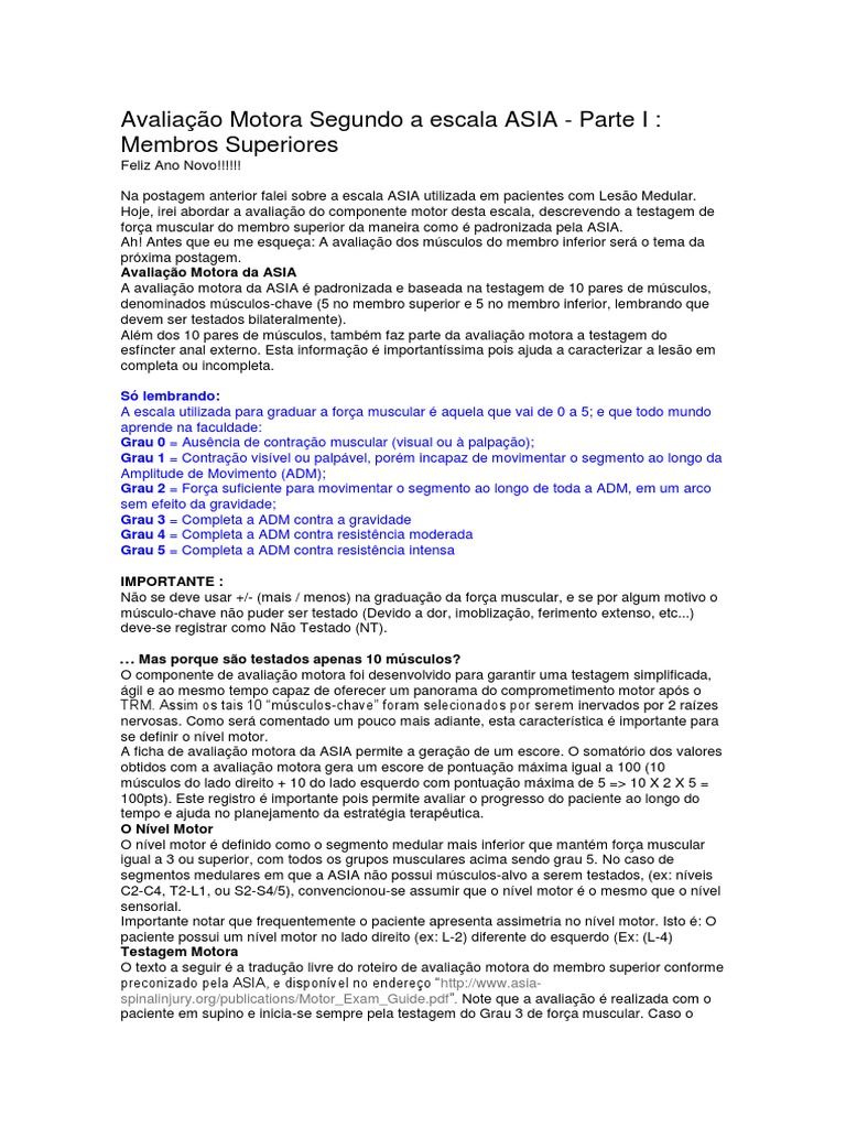 Avaliação Motora Segundo A Escala ASIA | PDF | Cotovelo | Músculo