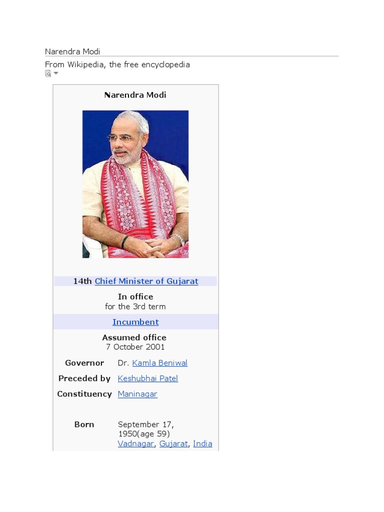 Narendra Modi From Wikipedia, The Free Encyclopedia | PDF | Narendra ...