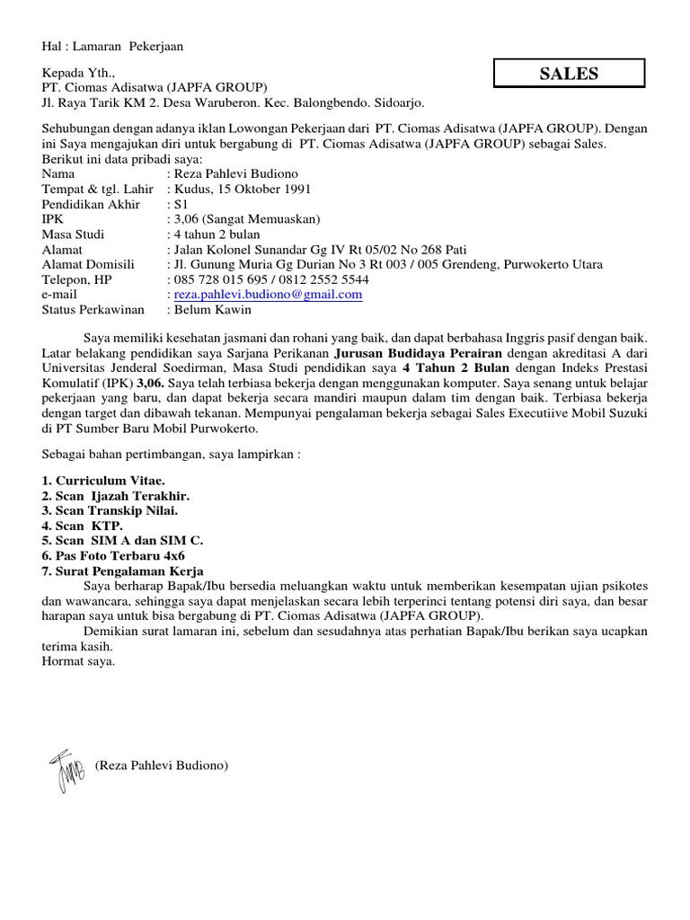 Surat Lamaran Pt. Ciomas Adisatwa | PDF