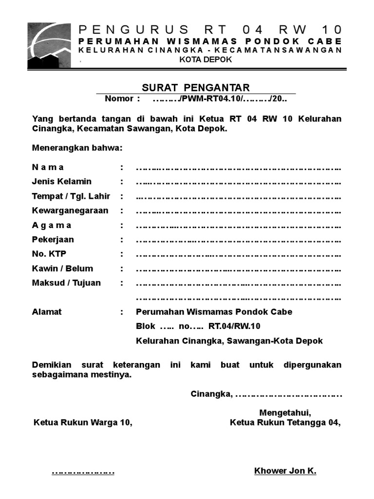 Format Surat Pengantar RT RW | PDF