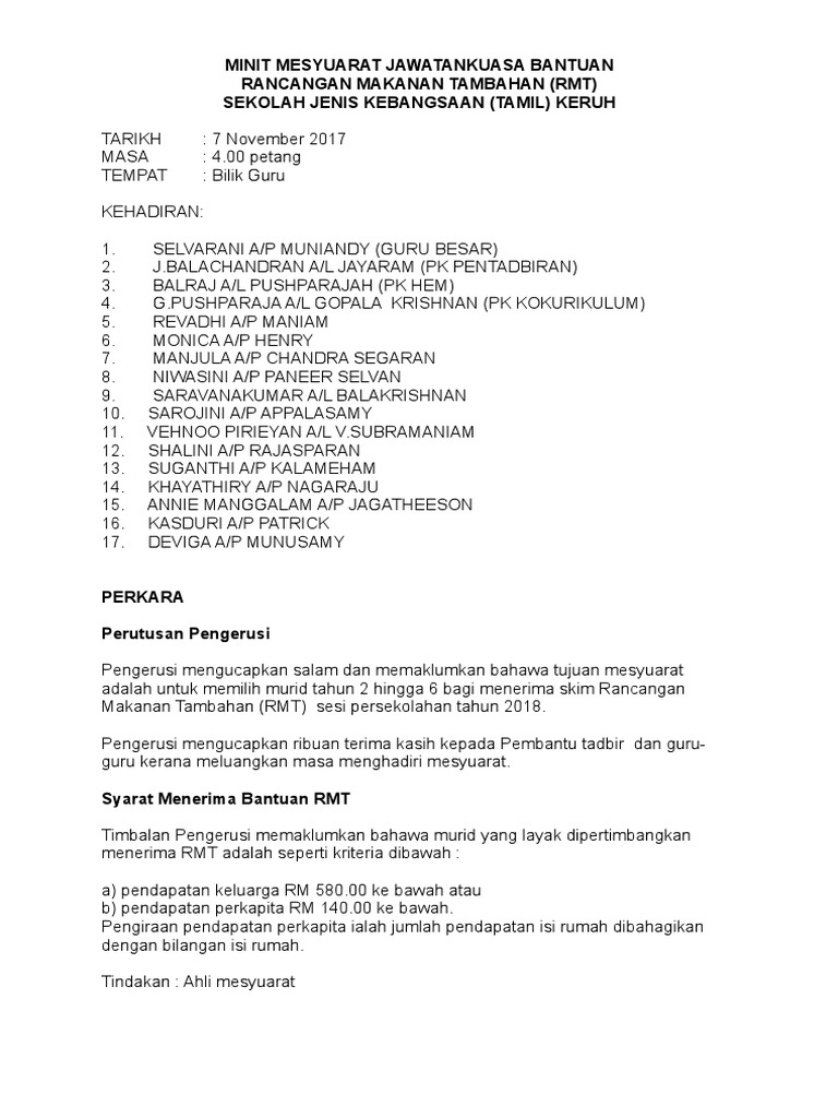 Minit Mesyuarat - Pemilihan Penerima RMT | PDF