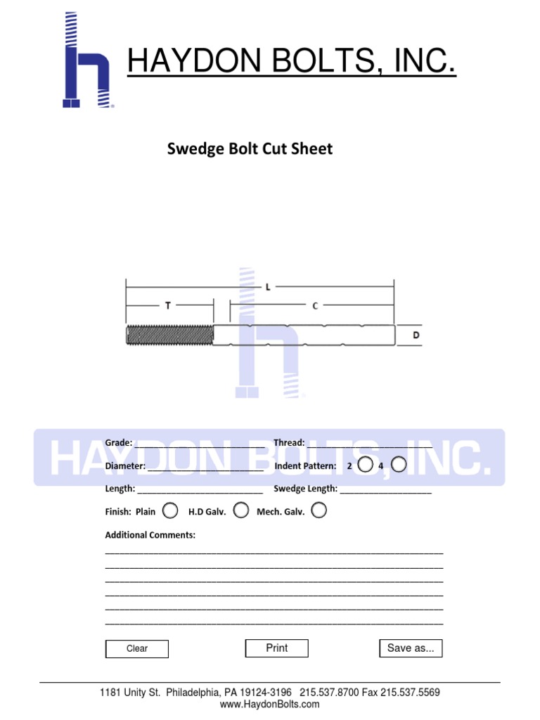 Swedge Bolt Specifications Sheet for Haydon Bolts, Inc. Providing ...