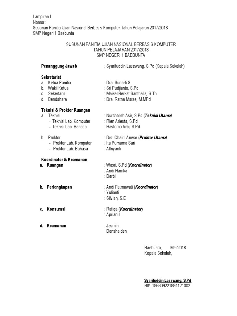 Lampiran I (SK Panitia UNBK 2018) Draft | PDF