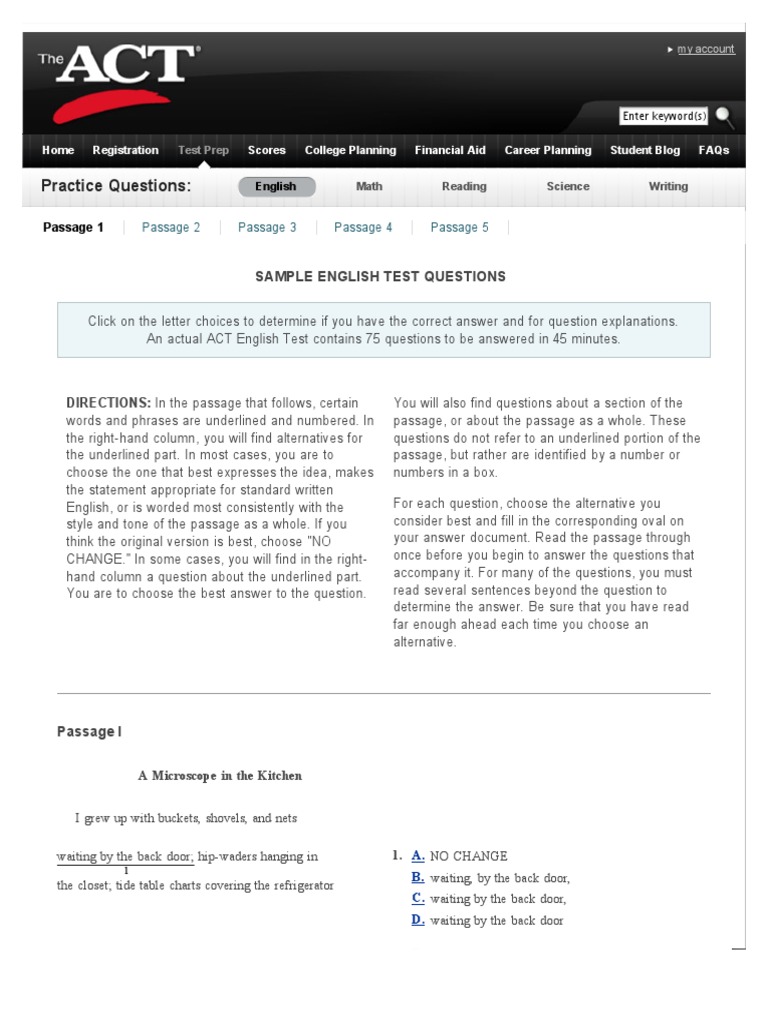 ACT English Passage 1 | PDF | Tide | Question