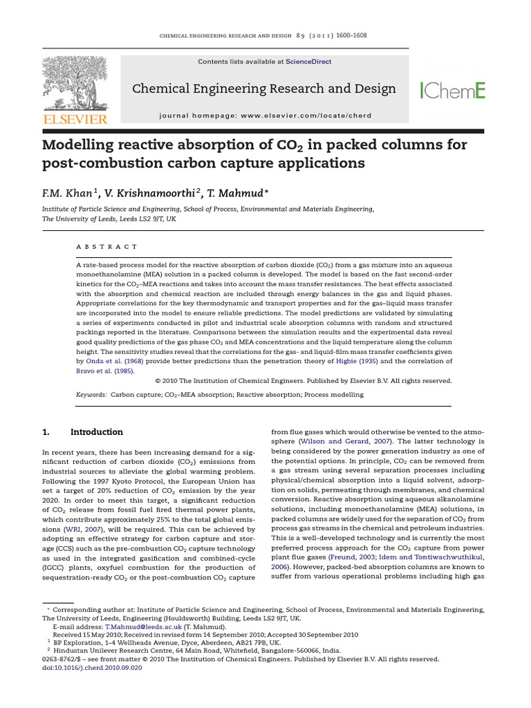 Modelling Reactive Absorption of CO2 in Packed Columns | PDF | Carbon Capture And Storage | Gases