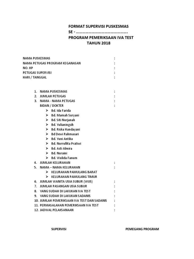 Contoh Format Supervisi Puskesmas Iva Test | PDF