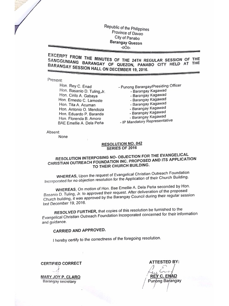 Barangay Resolution of No Objection | PDF