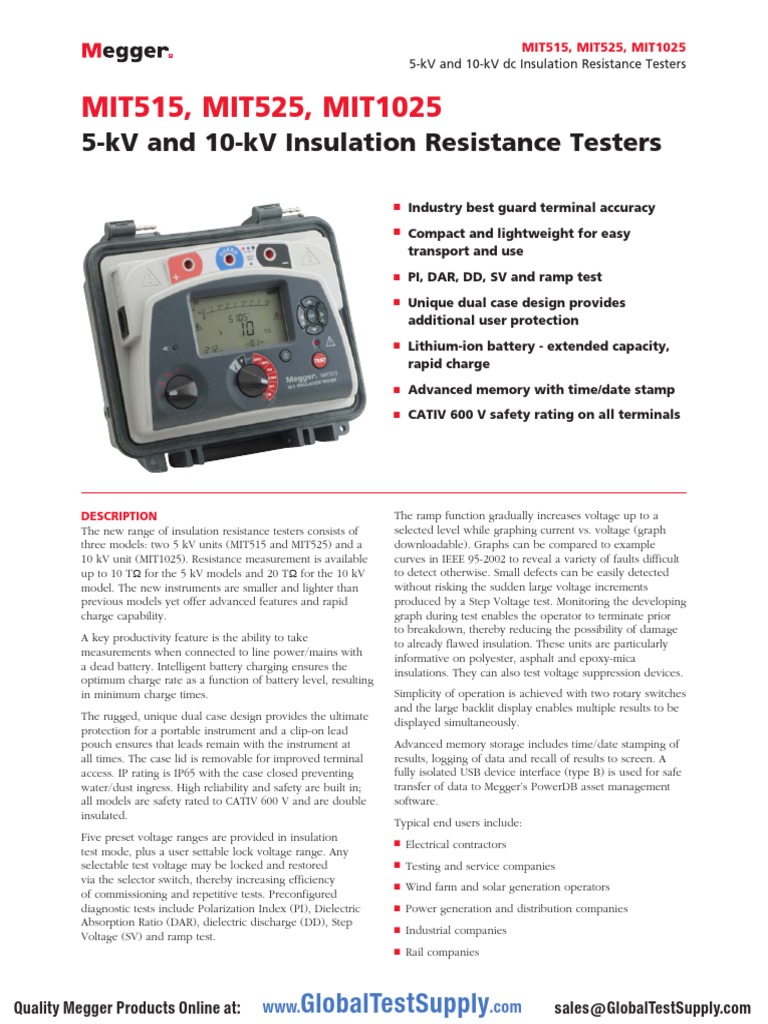 Megger Limited Mit1025 Megohmmeter Datasheet | PDF | Insulator ...