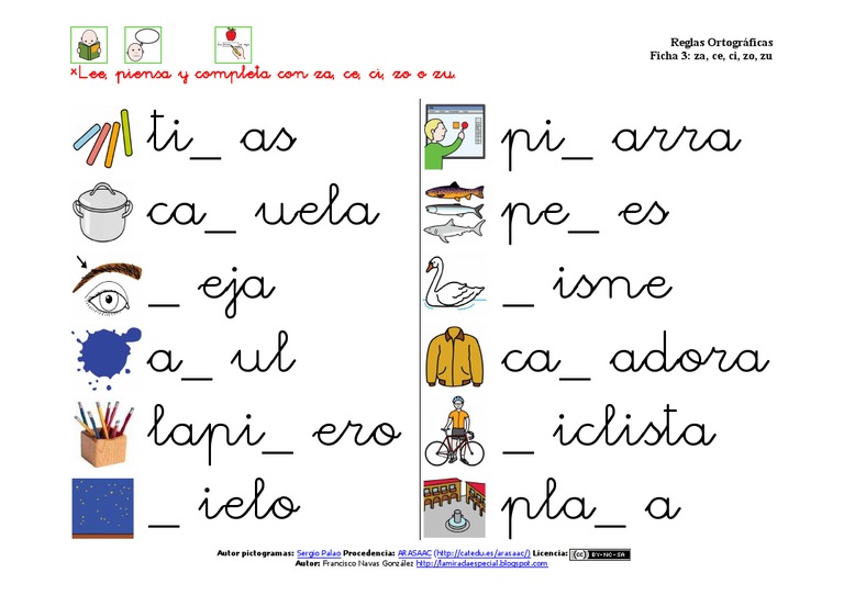 Ficha 3 - Reglas Ortográficas: za, ce, ci, zo, zu (ARASAAC)