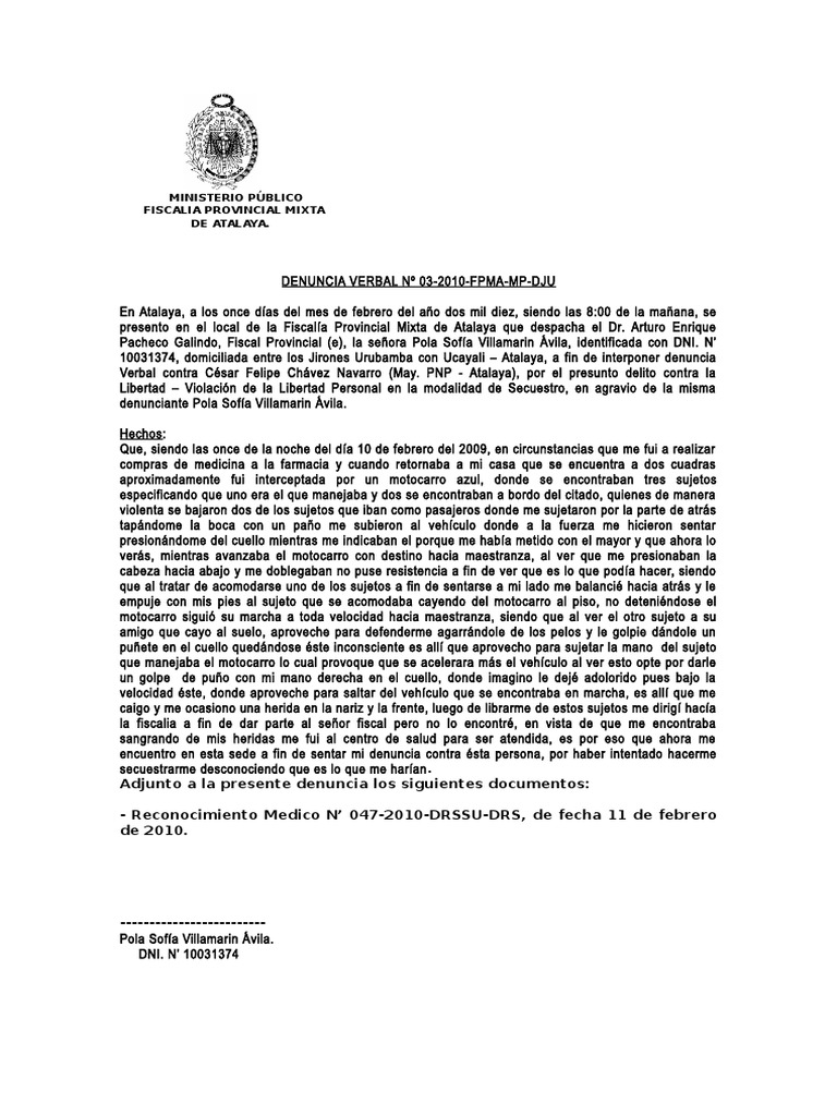 Modelo de Denuncia Verbal Por Acta Fiscalia | PDF | Conflictos | Violencia
