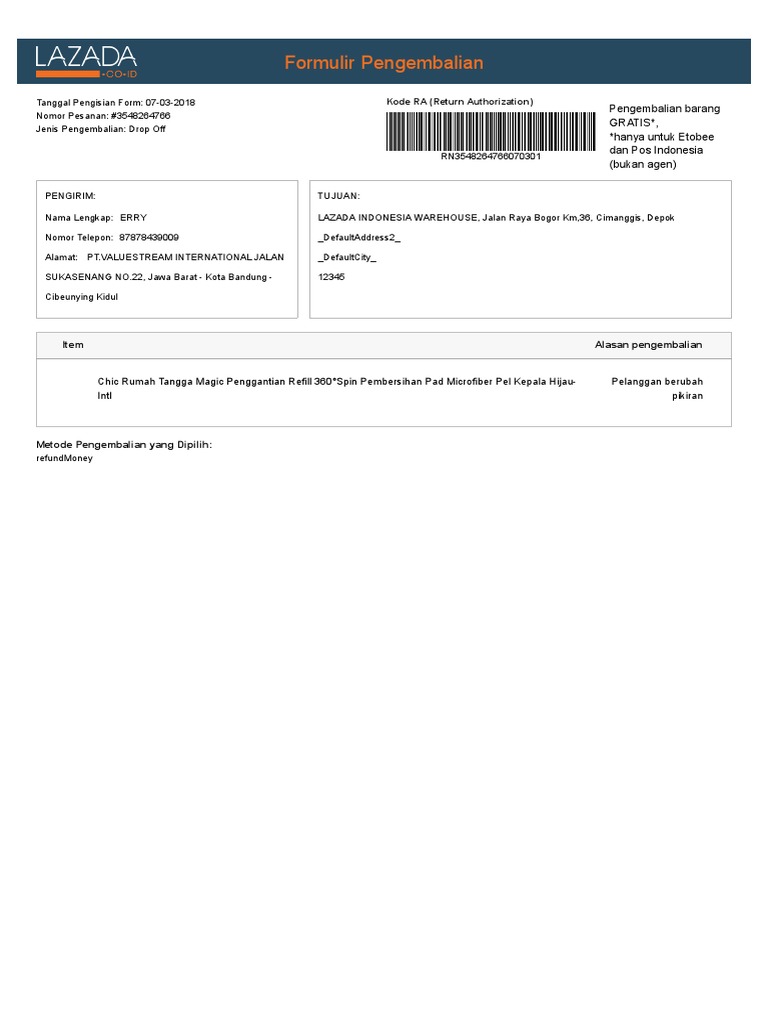 Lazada - Formulir Pengembalian Barang | PDF
