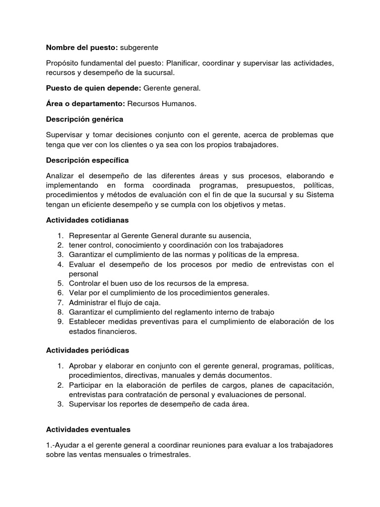 Perfil de Puesto Subgerente | PDF | Planificación | Gestión de recursos ...