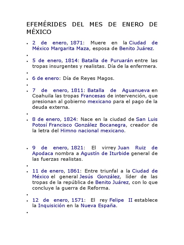 Efemérides Del Mes de Enero de México