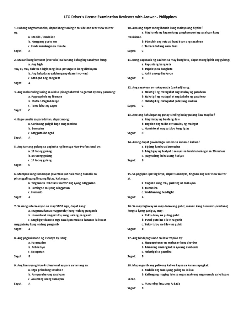 LTO Drivers License Exam Reviewer With Answer PDF | PDF
