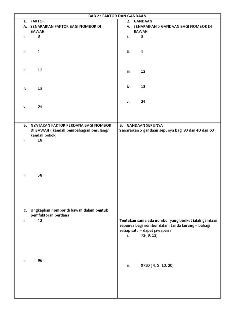 Nota Bab 2 Faktor Dan Gandaan | PDF