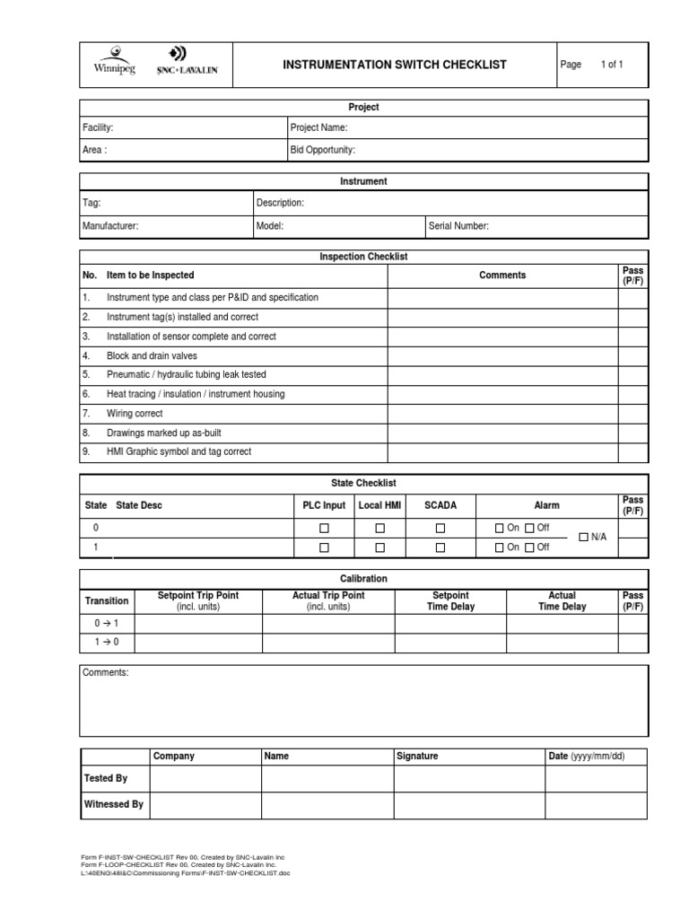 Instrumentation Inspection Checklist | PDF | Instrumentation ...