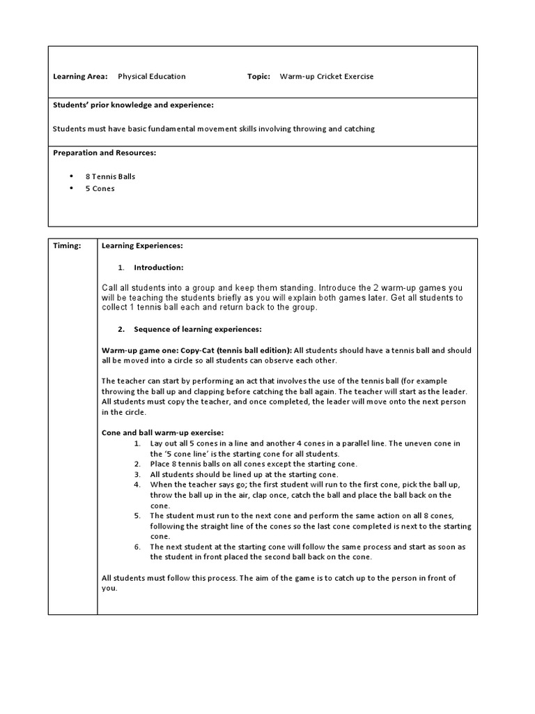 Lesson Plan - Warm Up Cricket | PDF | Lesson Plan | Teachers