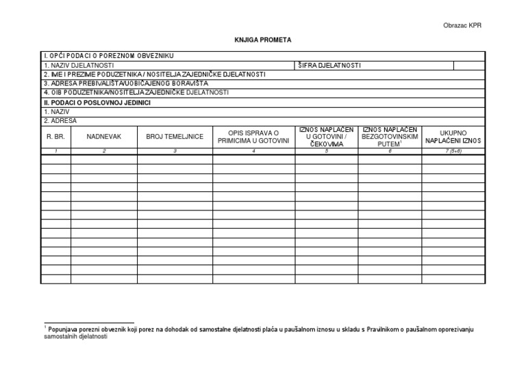 Knjiga Prometa I. Opći Podaci O Poreznom Obvezniku | PDF